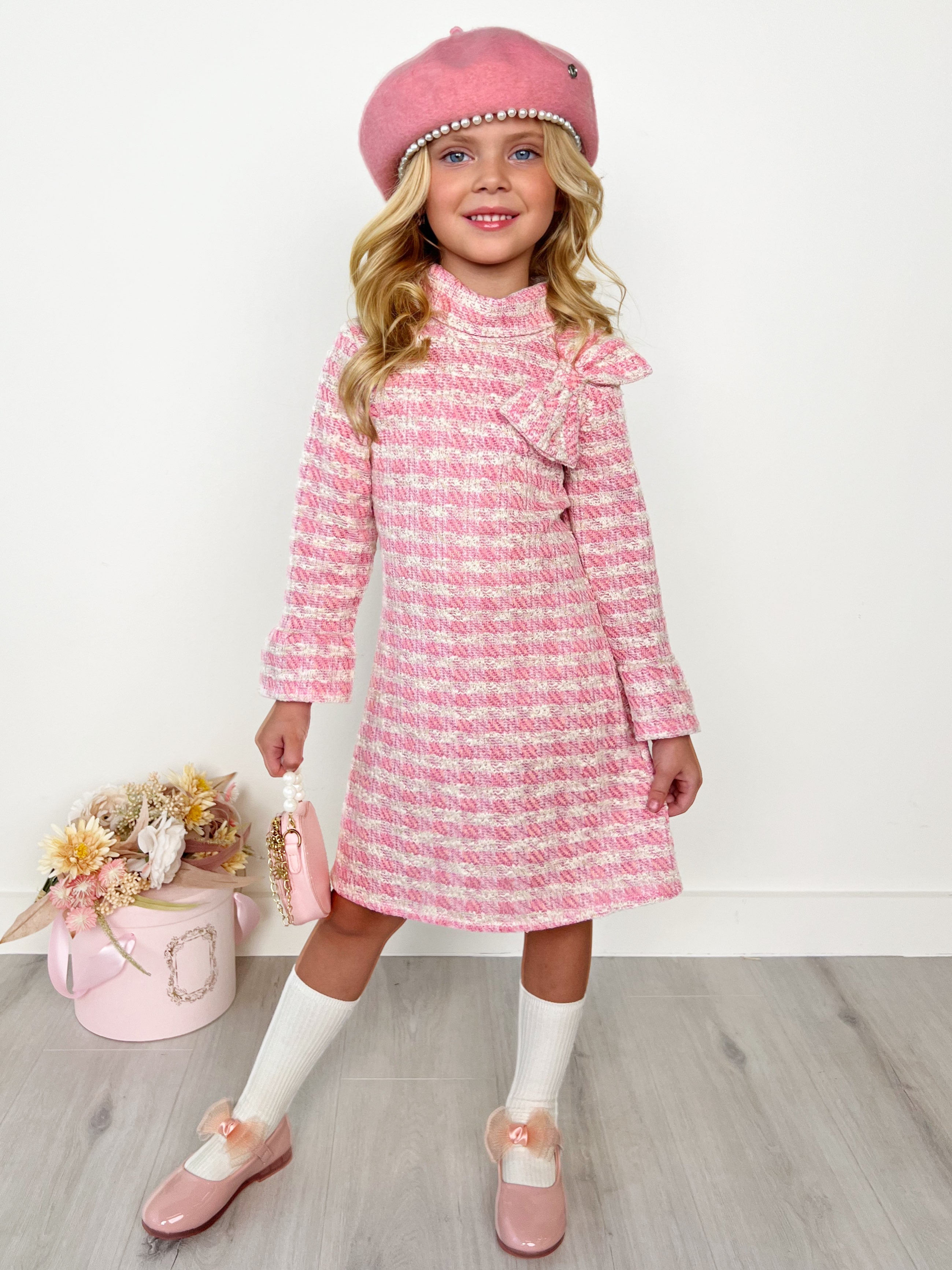 Charming Checked Tweed Pink with Accent Bow Dress – Mia Belle Girls