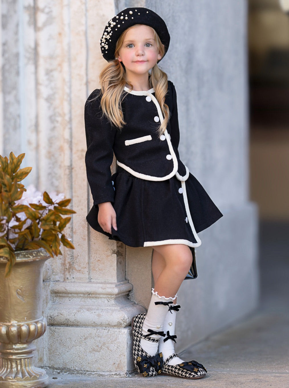 Preppy Chic Sets | Black Eloise Jacket & Skirt Set | Mia Belle Girls