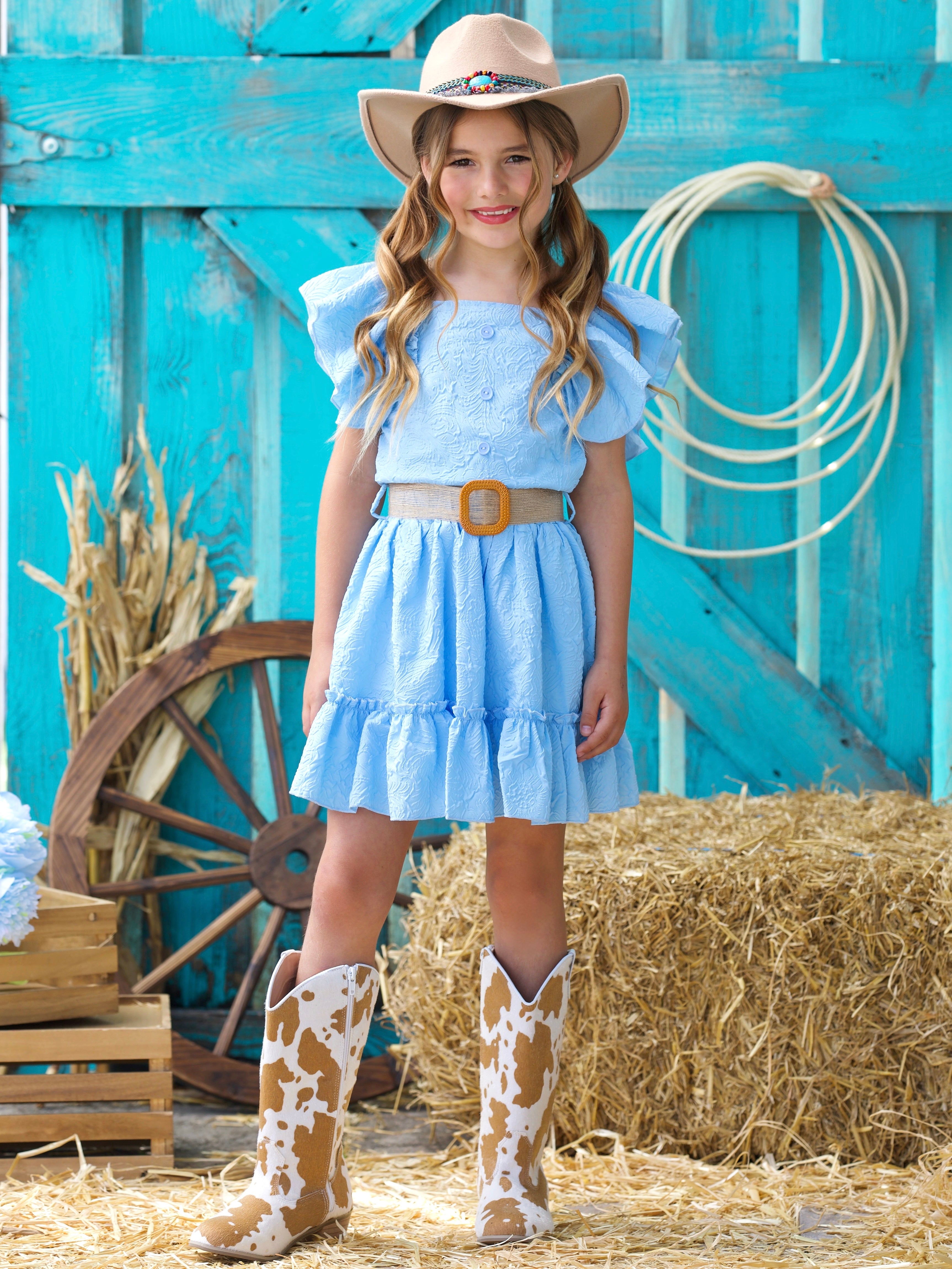 Sky Blue Ruffle Sleeve Belted Skirt Set – Mia Belle Girls