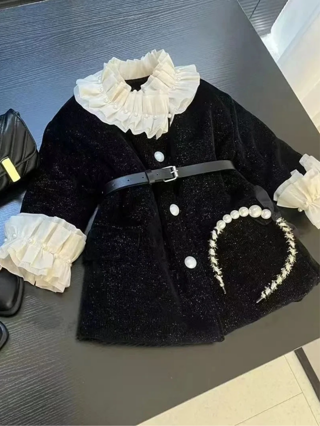 Black Elegant Velvet Ruffle-Trim Coat – Mia Belle Girls