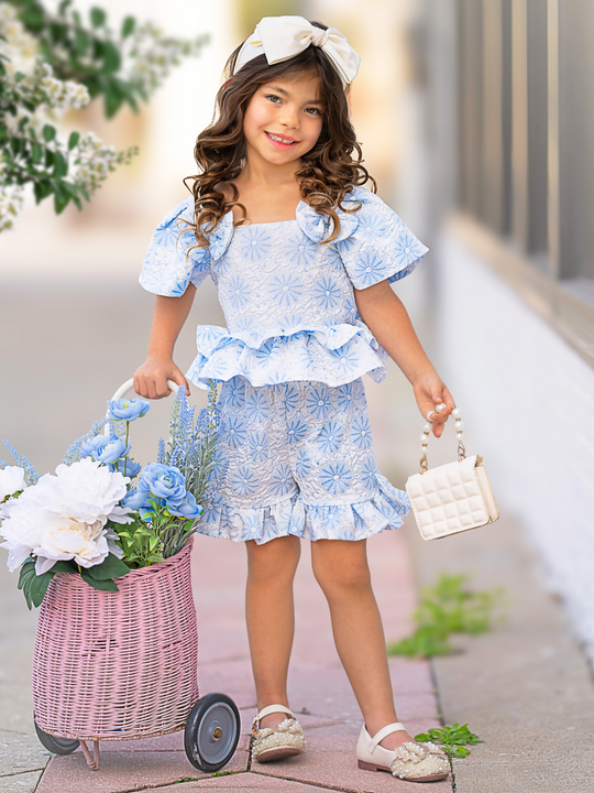 Blue Daisy Flutter Top and Ruffle Short Set – Mia Belle Girls