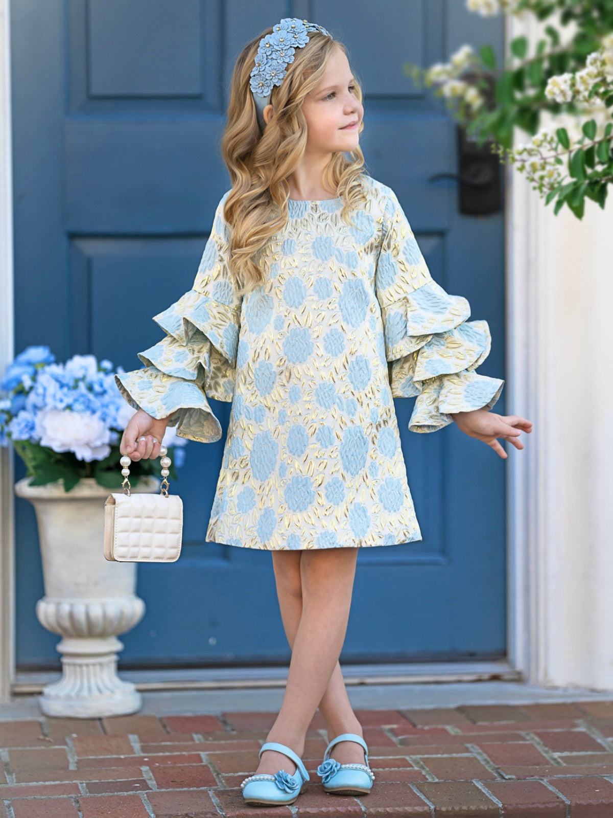 Golden Bloom Metallic Floral Ruffle Sleeve Dress – Mia Belle Girls