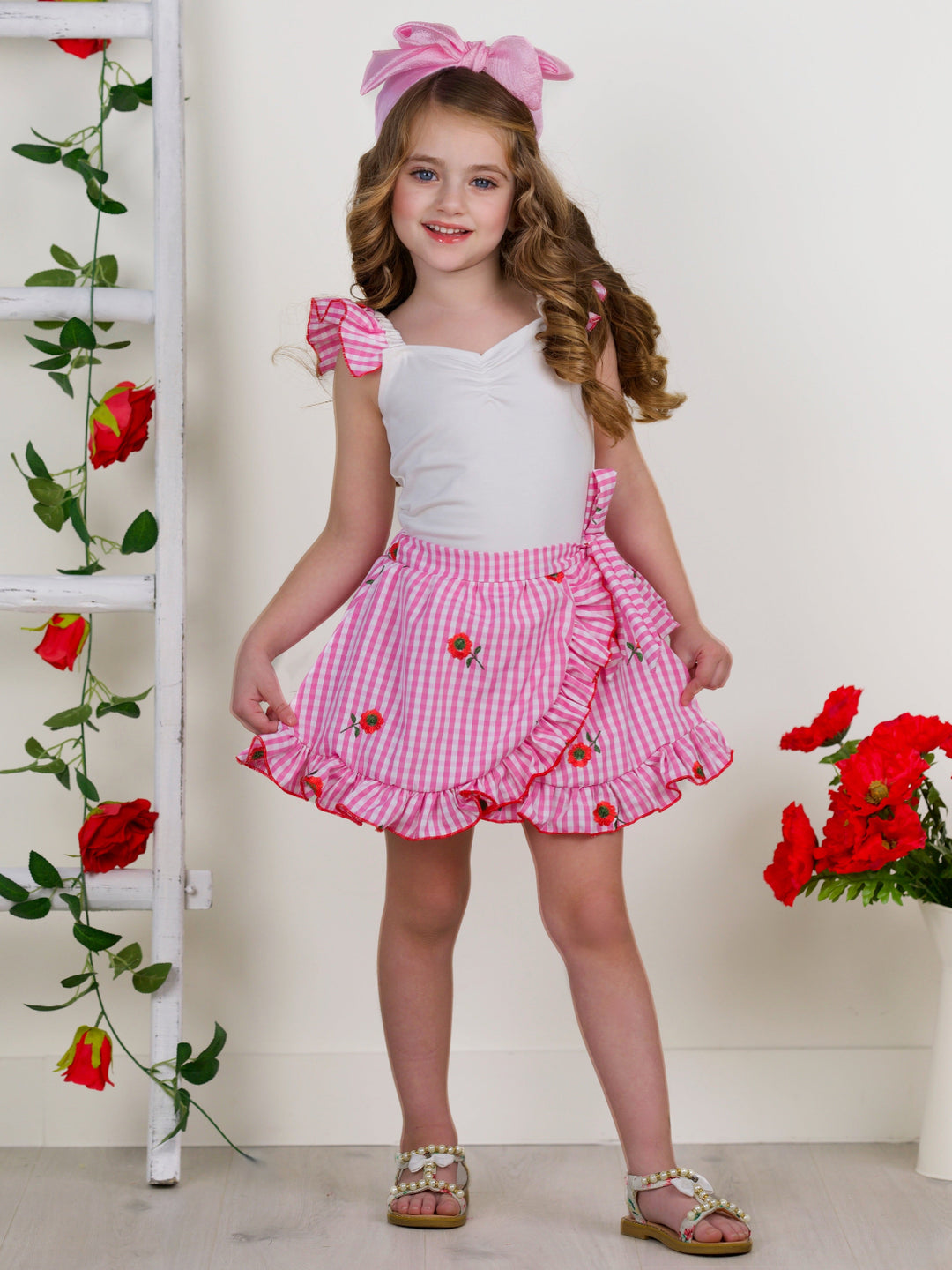 Cherry Blossom Gingham Top and Ruffle Skort Set – Mia Belle Girls