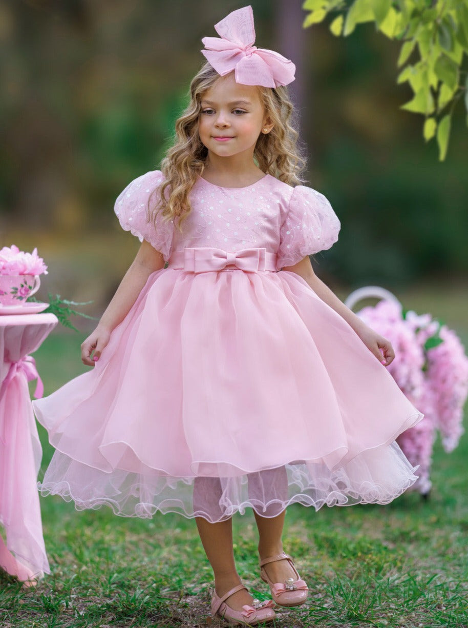 Girls Formal Dresses | Sequin Puff Sleeve Mid Length Formal Dress – Mia ...