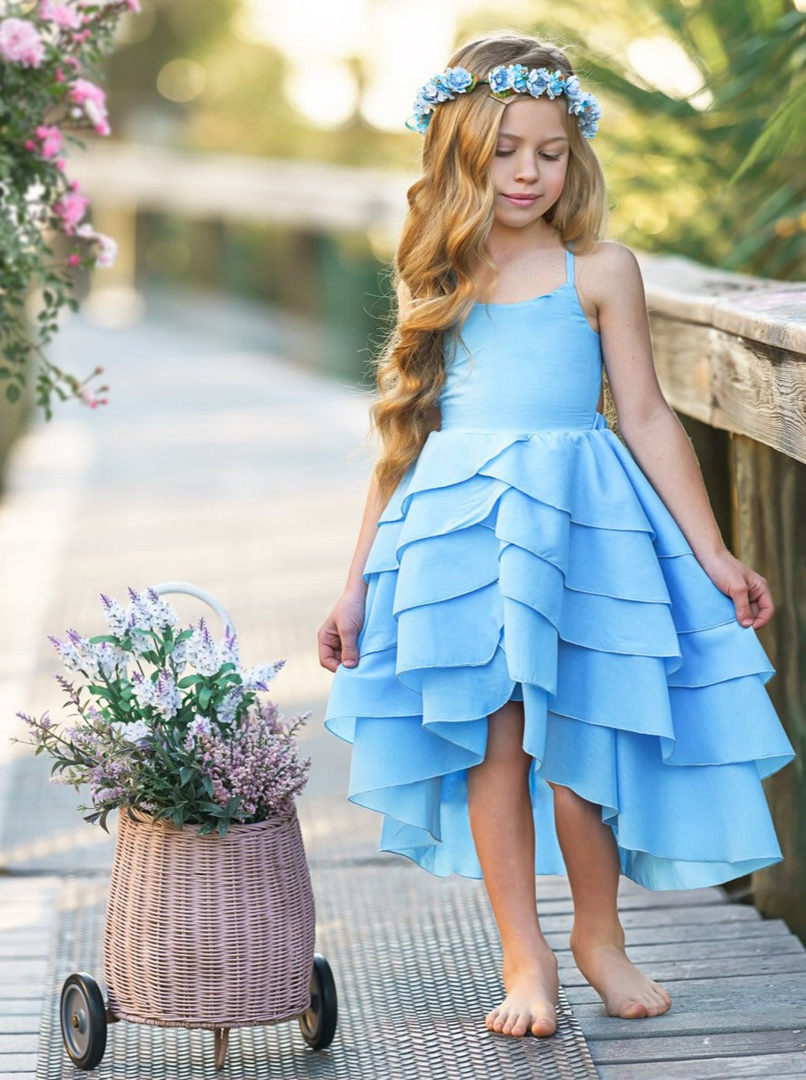 Toddler Spring Dresses | Girls Blue Sleeveless Tiered Hi-Lo Dress – Mia ...