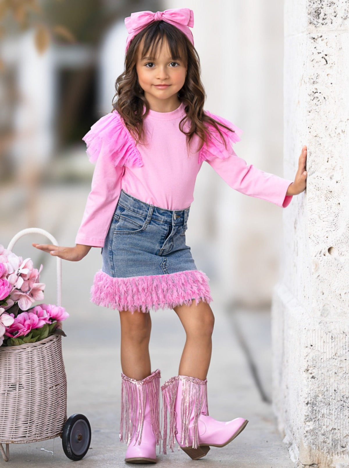 Pink Ruffle Top and Feather Trim Denim Skirt Set – Mia Belle Girls