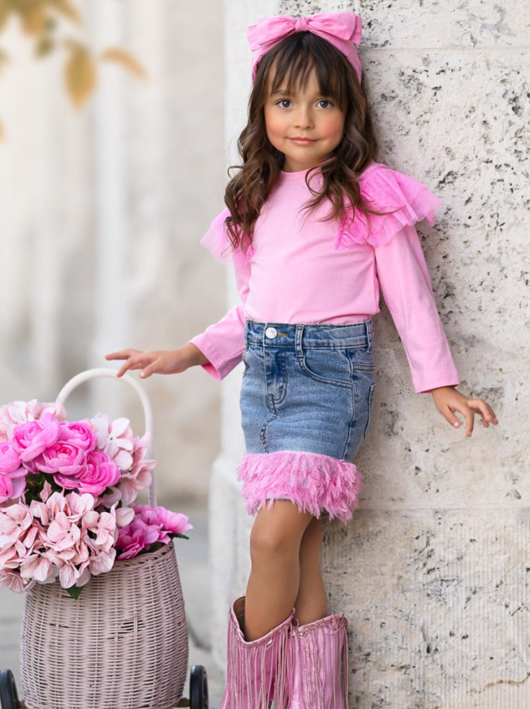 Pink Ruffle Top and Feather Trim Denim Skirt Set – Mia Belle Girls