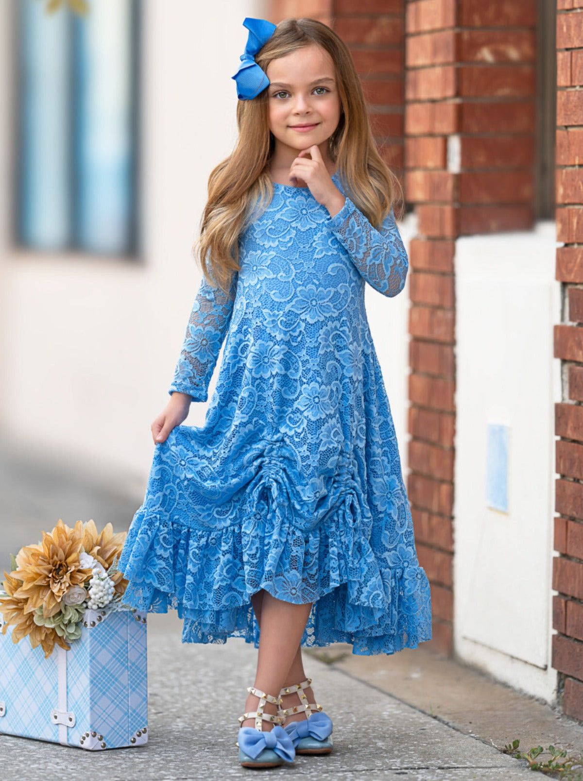 Blue Hi-Lo Drawstring Lace Ruffle Dress – Mia Belle Girls