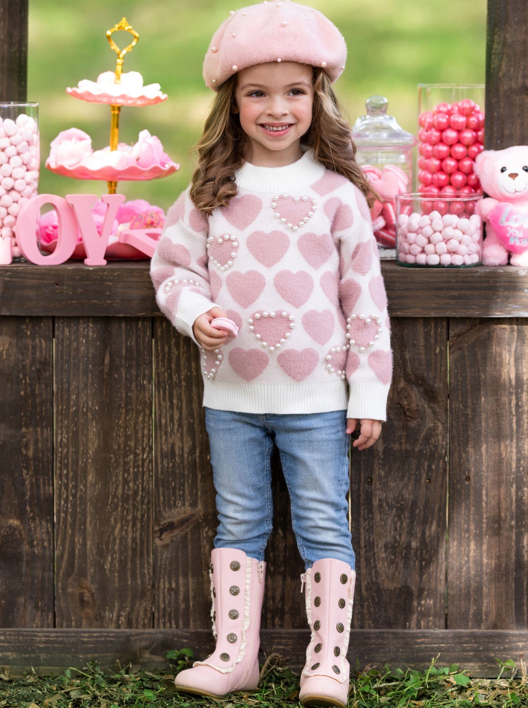 Kids Sweaters | Girls Pearl Heart Knit Sweater | Mia Belle Girls