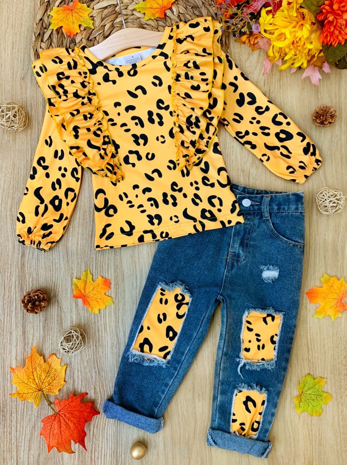 Girls Fall Leopard Print Top and Patched Jeans Set - Mia Belle Girls