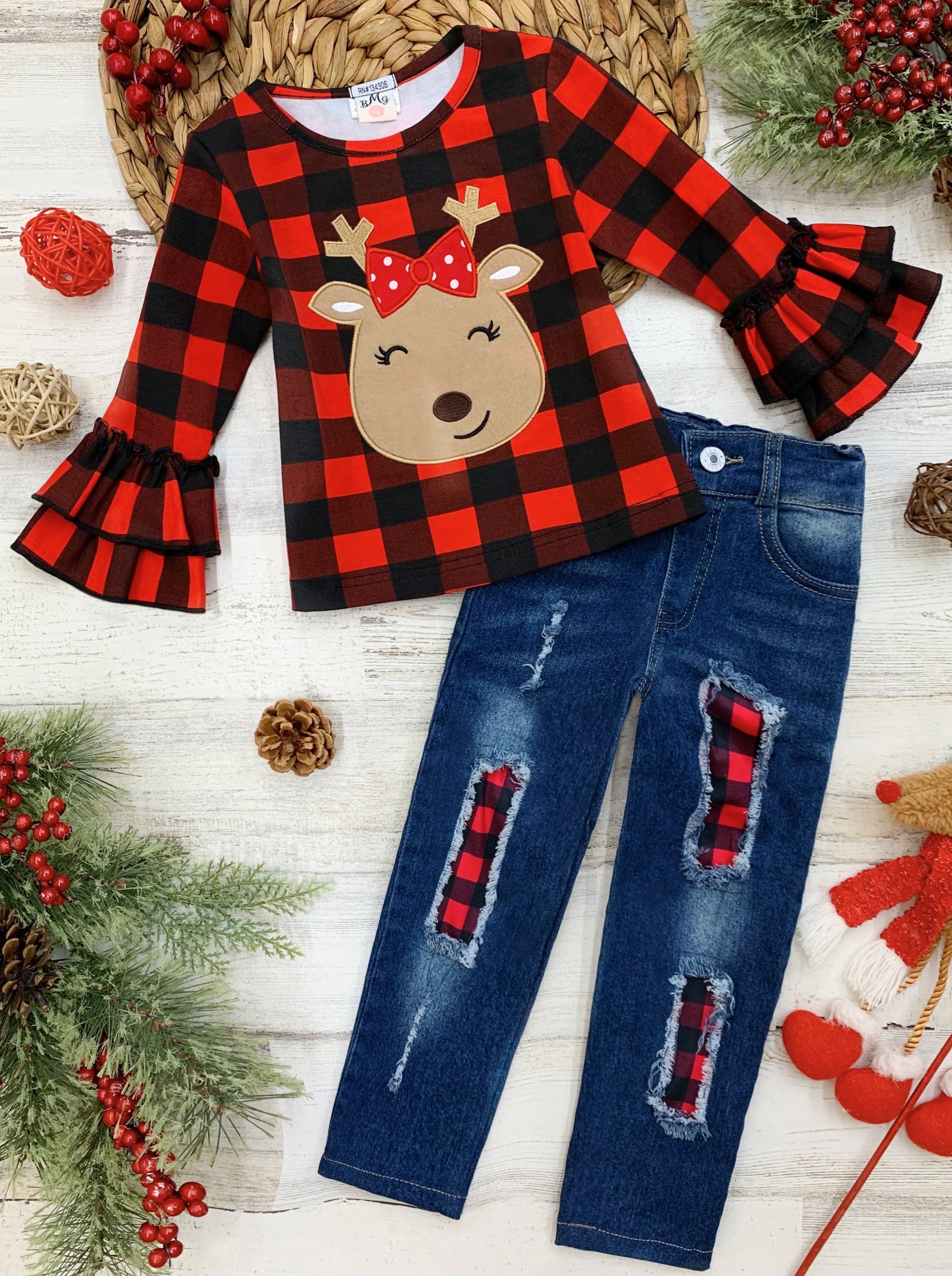 Cute Winter Sets | Girls Reindeer Plaid Top and Patched Jeans Set – Mia ...