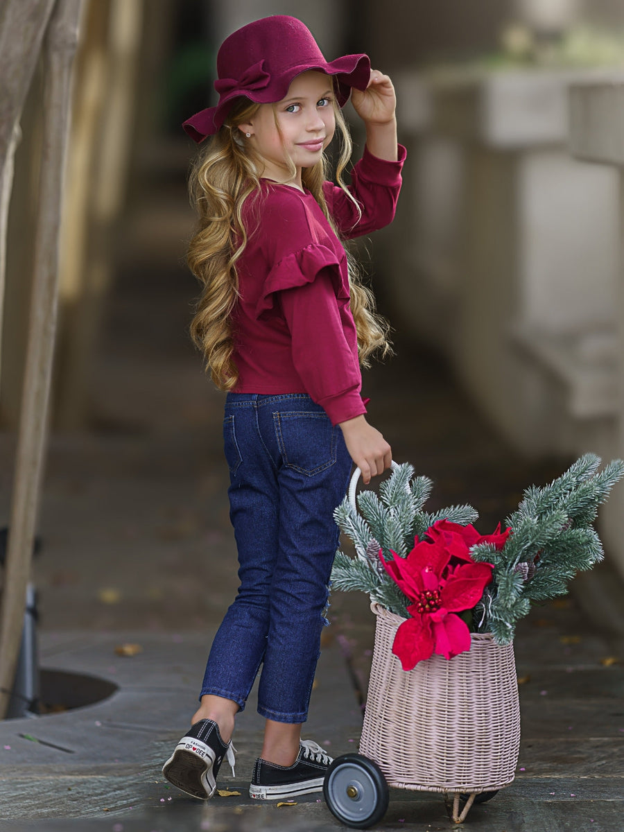 Cute Winter Sets | Girls Ruffle Sleeve Sweatshirt And Patched Jeans Set ...