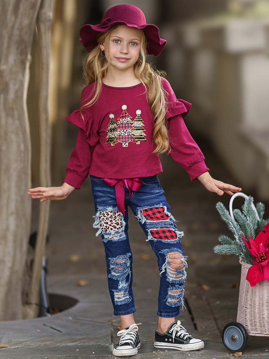 Cute Winter Sets | Girls Ruffle Sleeve Sweatshirt And Patched Jeans Set ...