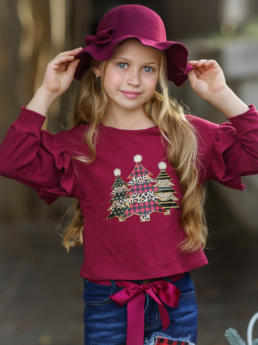 Cute Winter Sets | Girls Ruffle Sleeve Sweatshirt And Patched Jeans Set ...