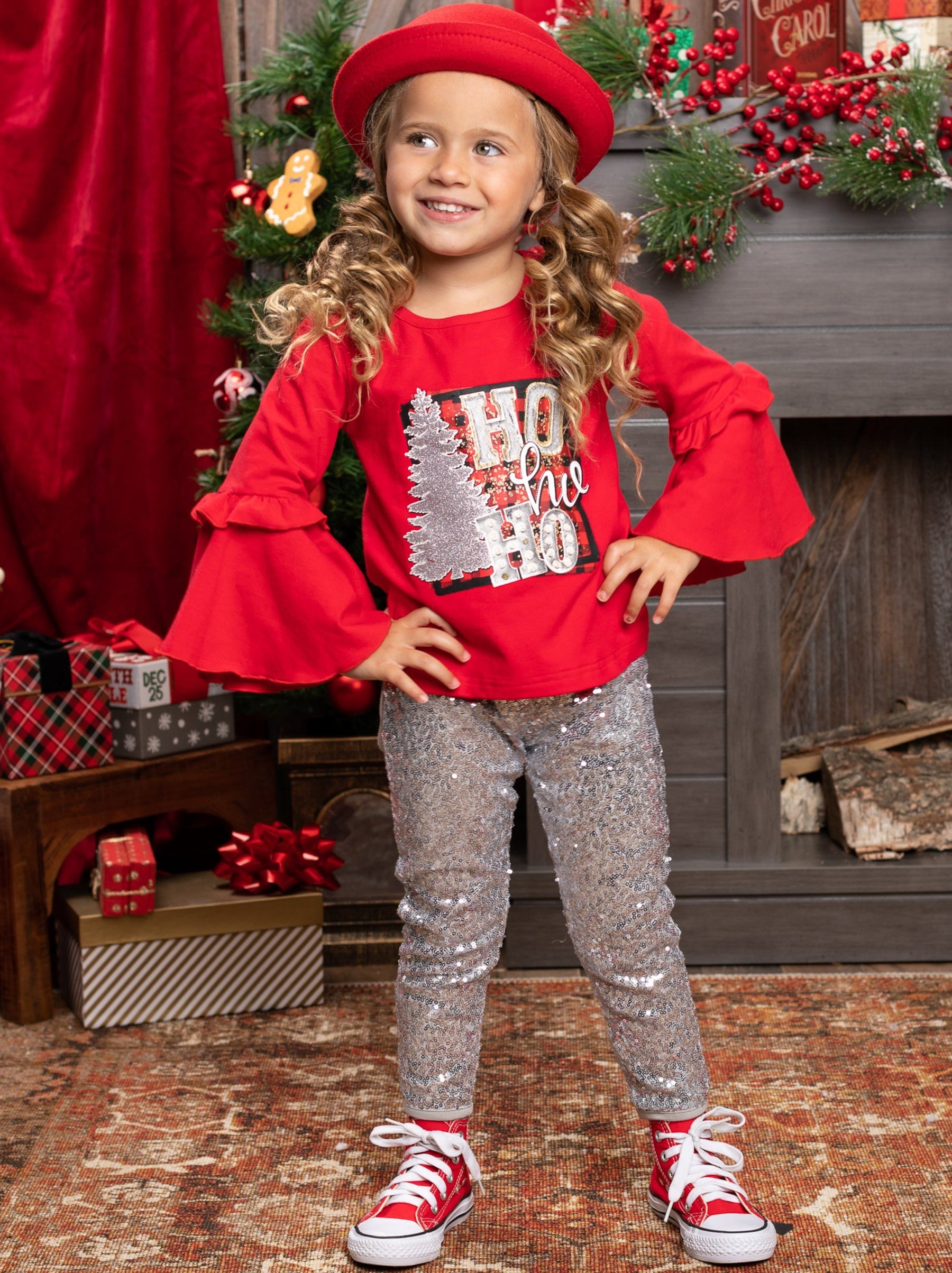 Cute Winter Sets | Girls Ho Ho Ho Bell Sleeve Top & Sequin Legging Set ...
