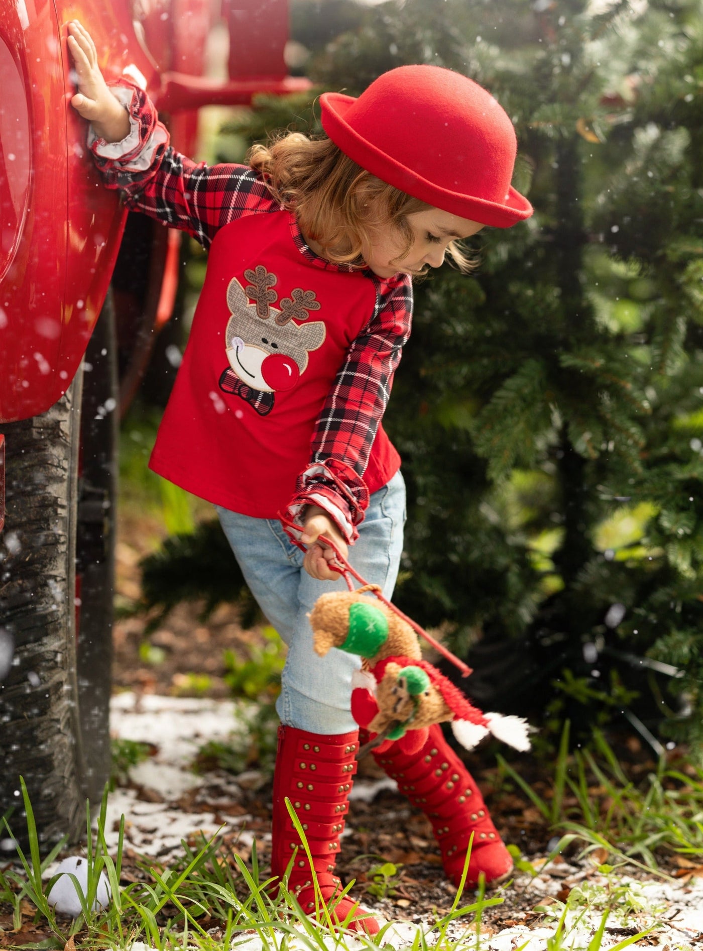 Cute Winter Tops | Girls Felt Reindeer Plaid Ruffle Cuff Raglan Top ...