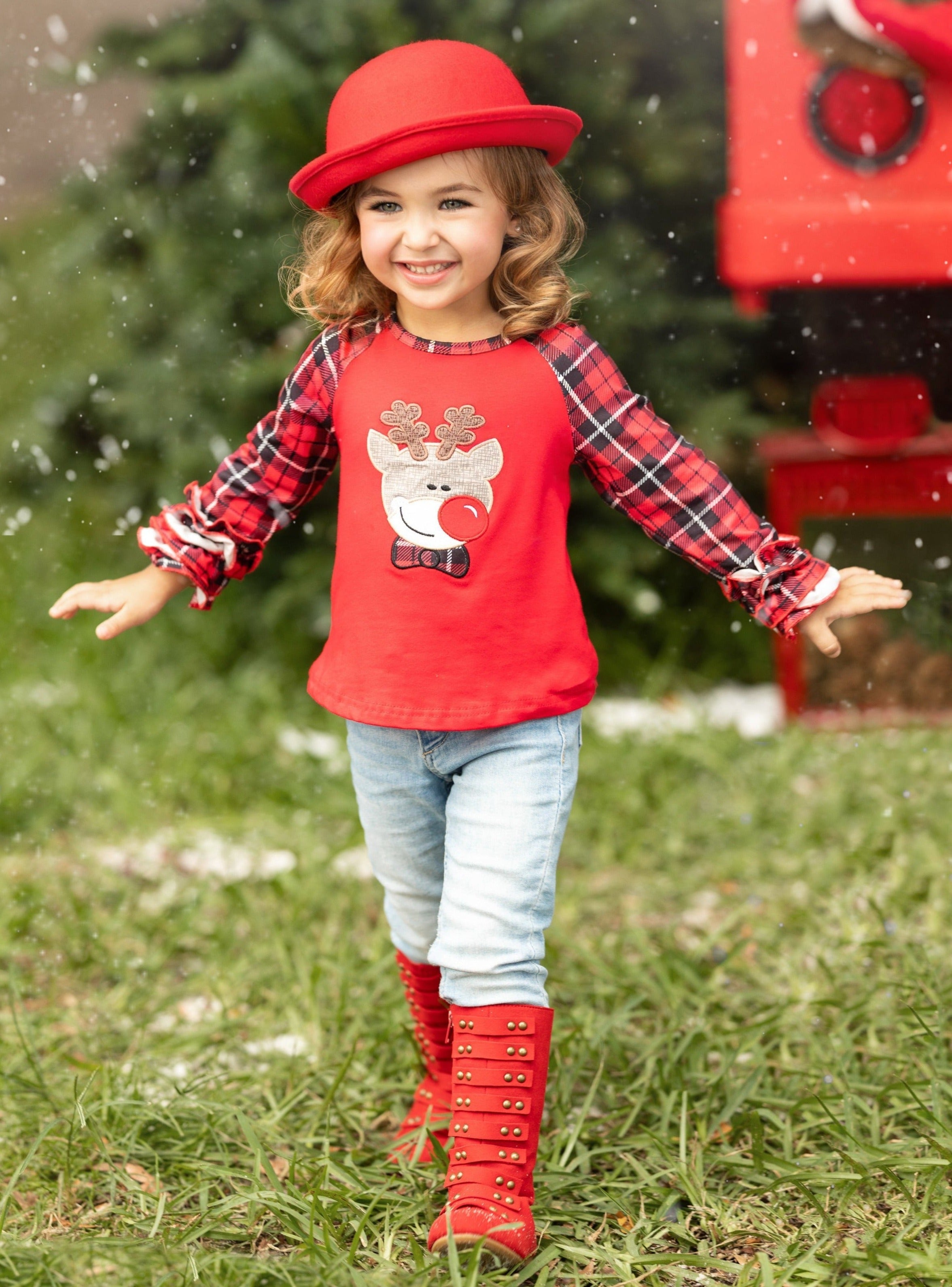 Cute Winter Tops | Girls Felt Reindeer Plaid Ruffle Cuff Raglan Top ...