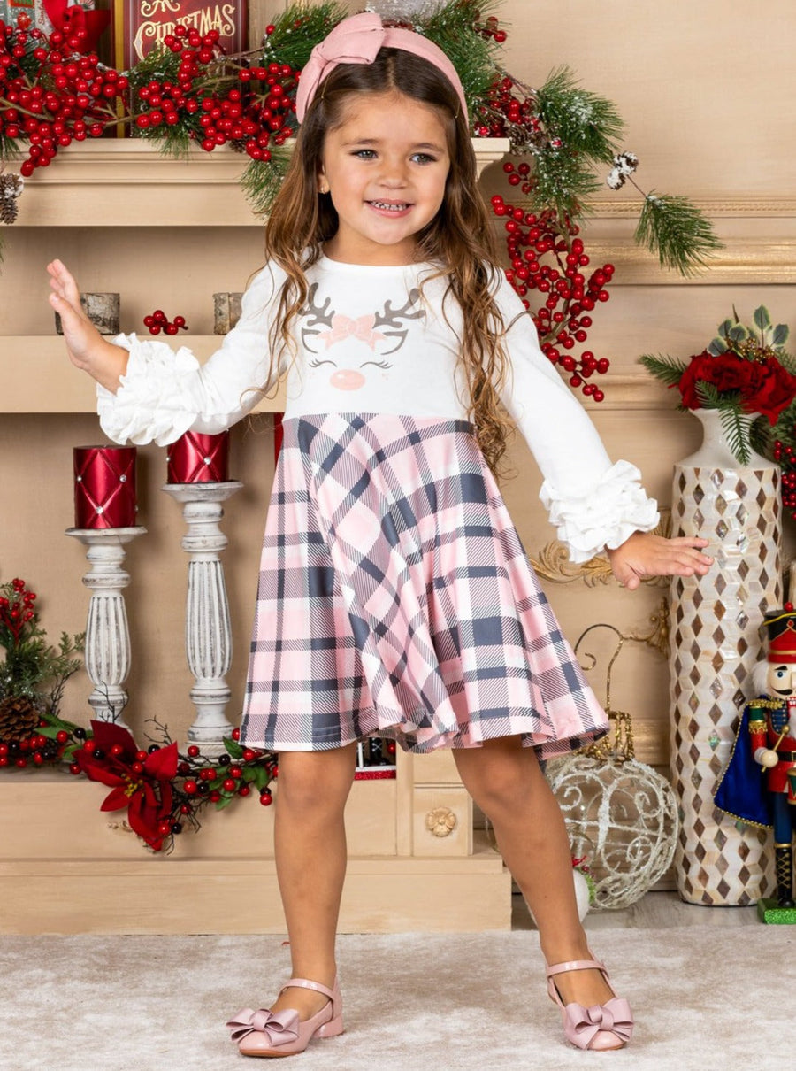 Girls Rudolph Ruffled Sleeve Plaid Dress – Mia Belle Girls