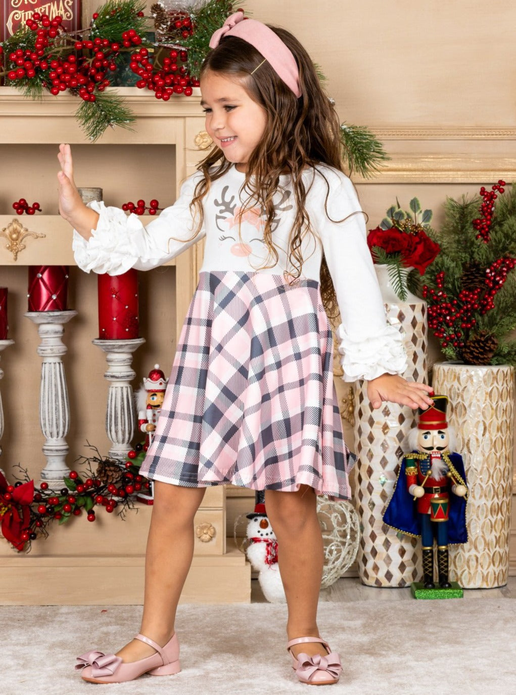 Girls Rudolph Ruffled Sleeve Plaid Dress – Mia Belle Girls