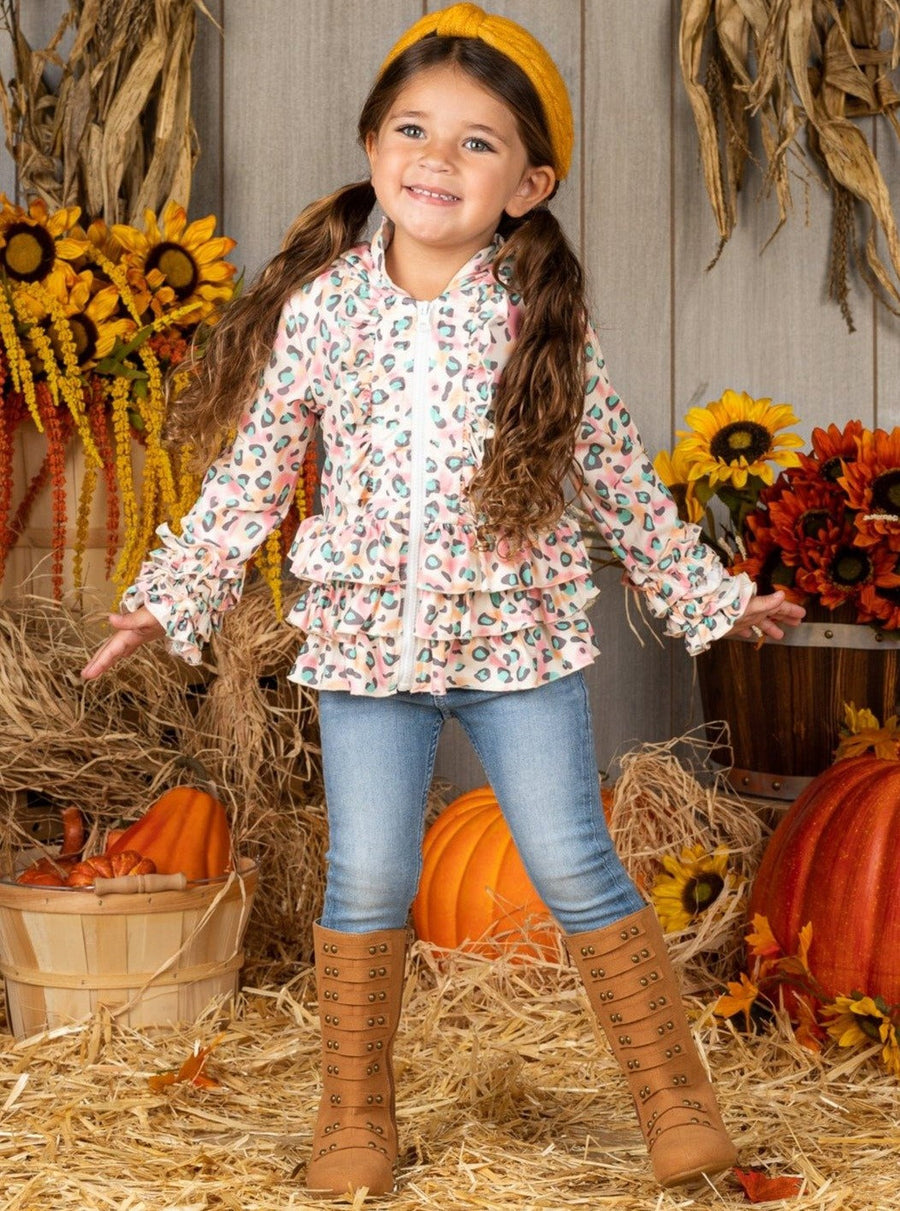 Girls Sweaters | Pastel Leopard Ruffle Hooded Jacket | Mia Belle Girls