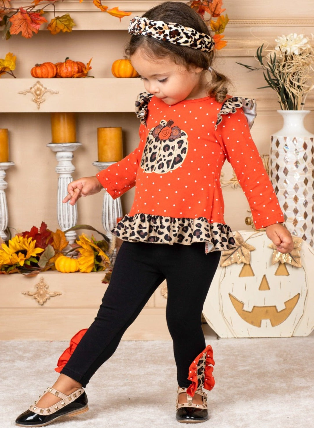 Girls Fall Outfit | Pumpkin Top And Ruffle Legging Set - Mia Belle Girls