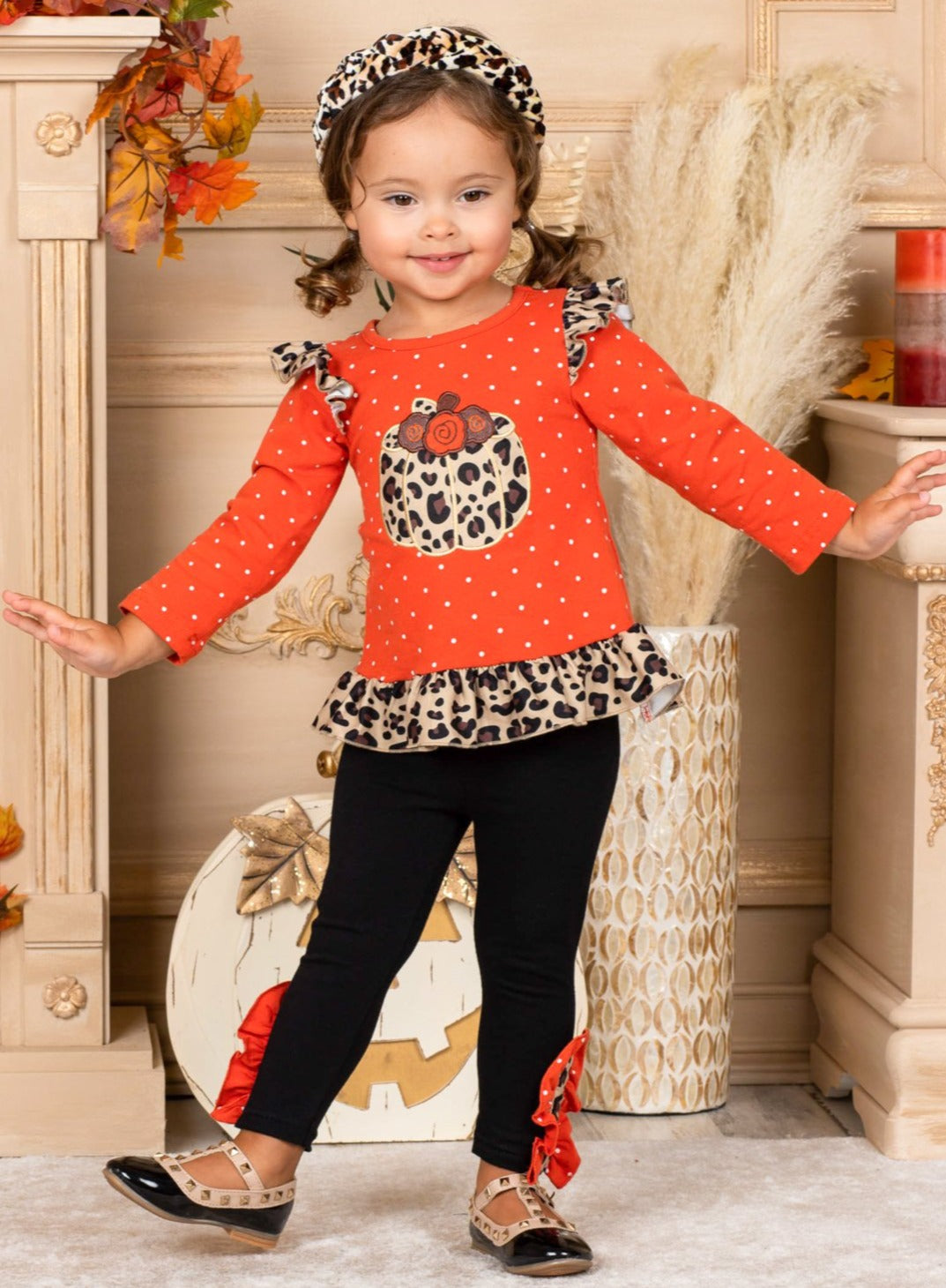 Girls Fall Outfit | Pumpkin Top And Ruffle Legging Set - Mia Belle Girls