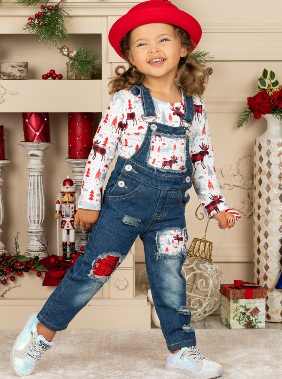 Cute Winter Sets | Girls Plaid Moose Print Patched Denim Overall Set ...