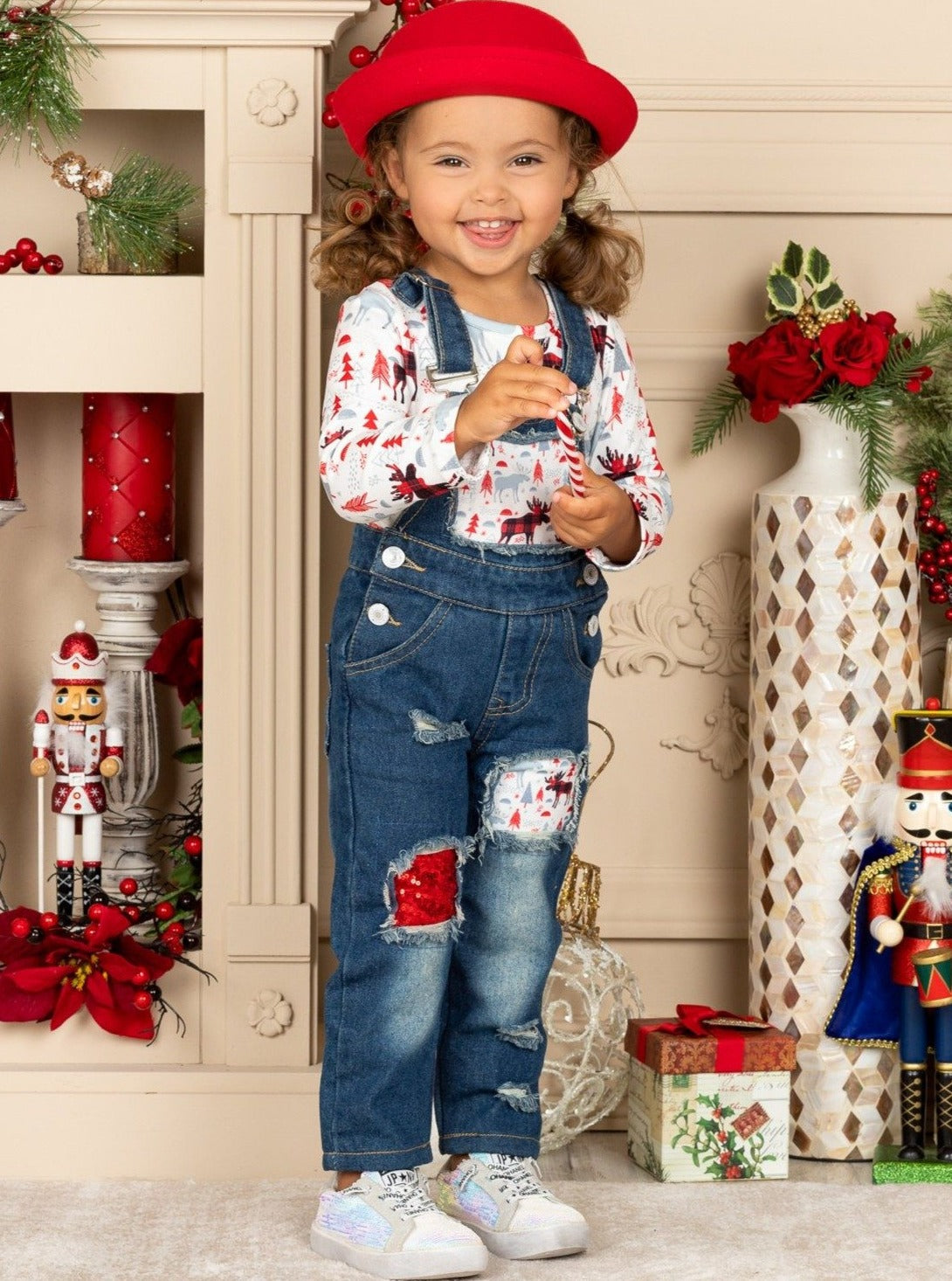 Cute Winter Sets | Girls Plaid Moose Print Patched Denim Overall Set ...