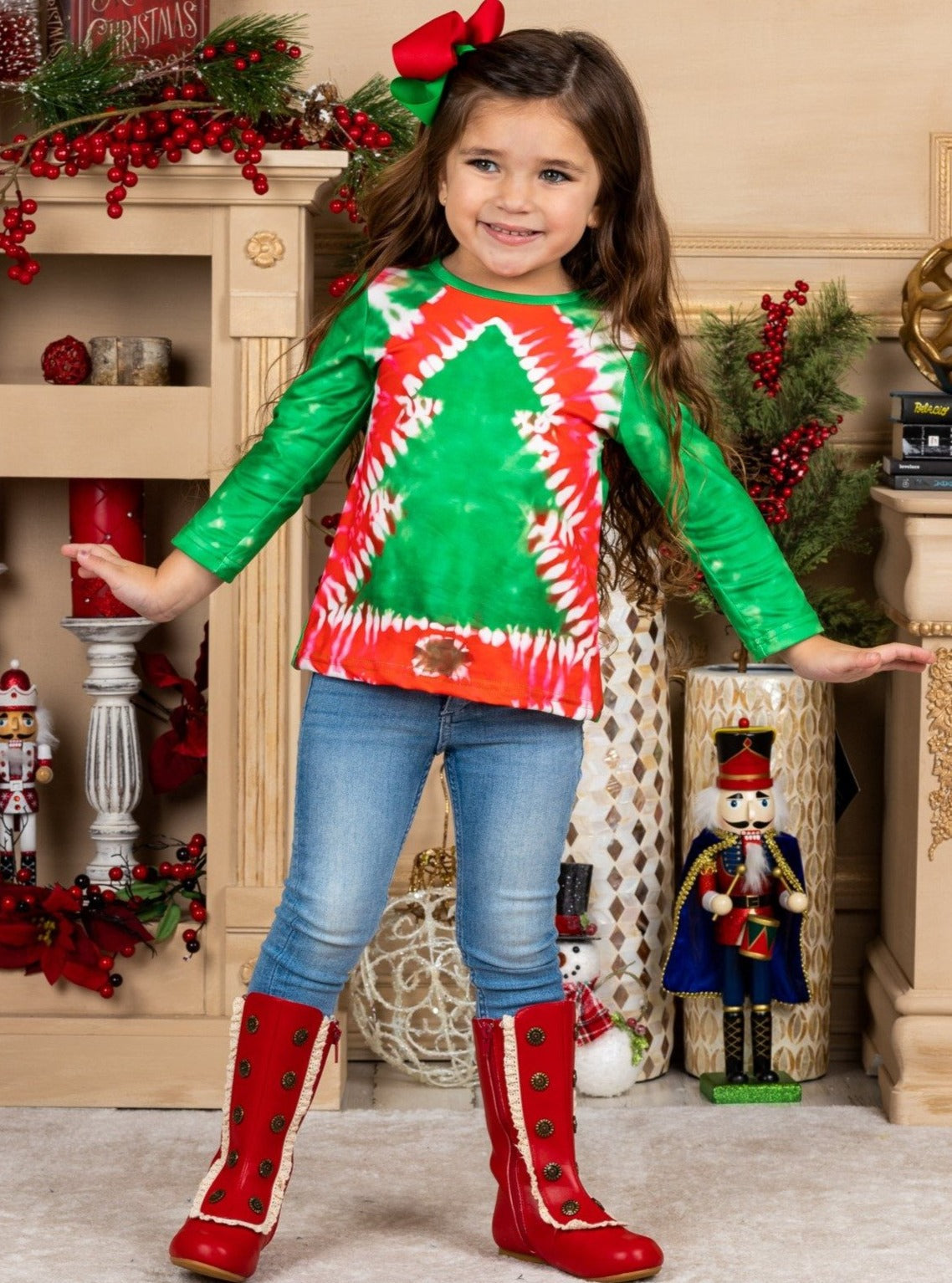 Cute Winter Tops | Girls Long Sleeve Tie Dye Christmas Tree Print Top ...