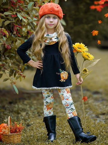 Cute Outfits For Girls | Fall Pumpkin Tunic, Legging And Scarf Set ...