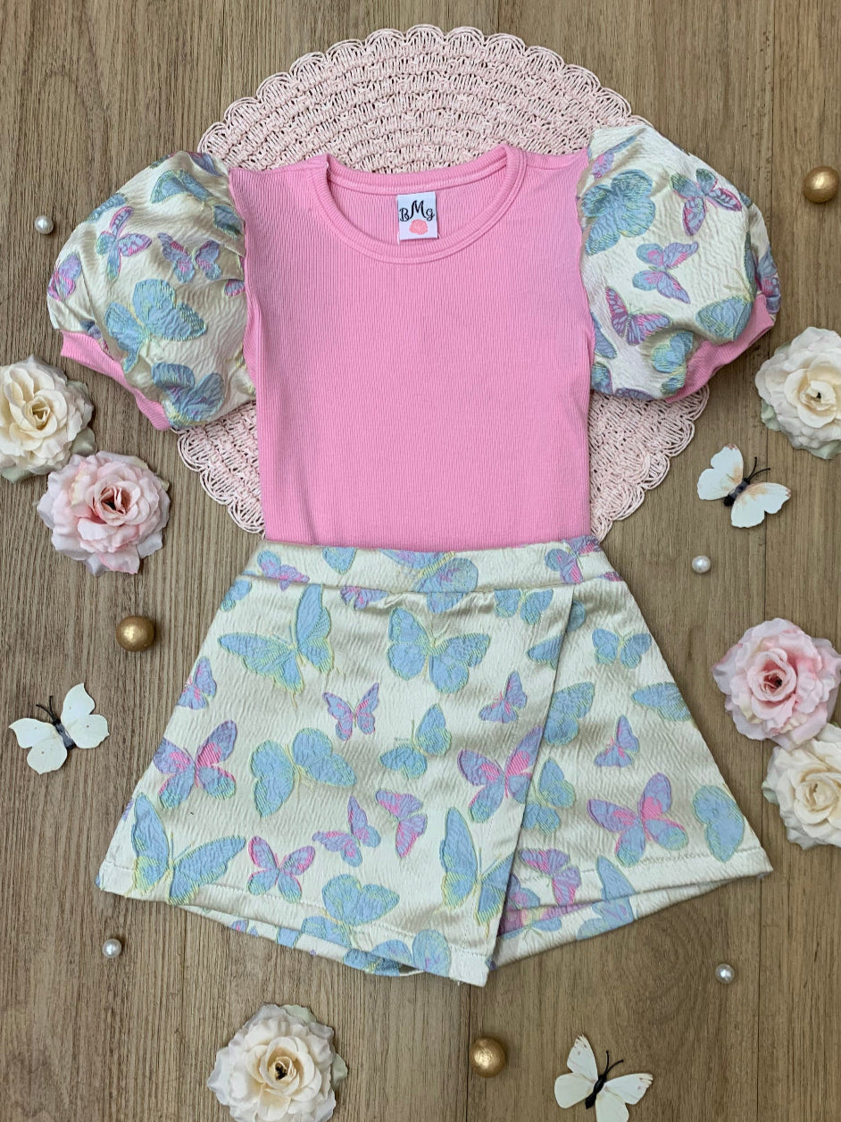 Flutter & Shine Puff Sleeve Top and Butterfly Skort Set – Mia Belle Girls