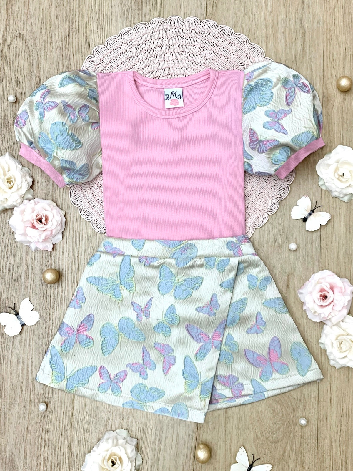 Flutter & Shine Puff Sleeve Top and Butterfly Skort Set – Mia Belle Girls