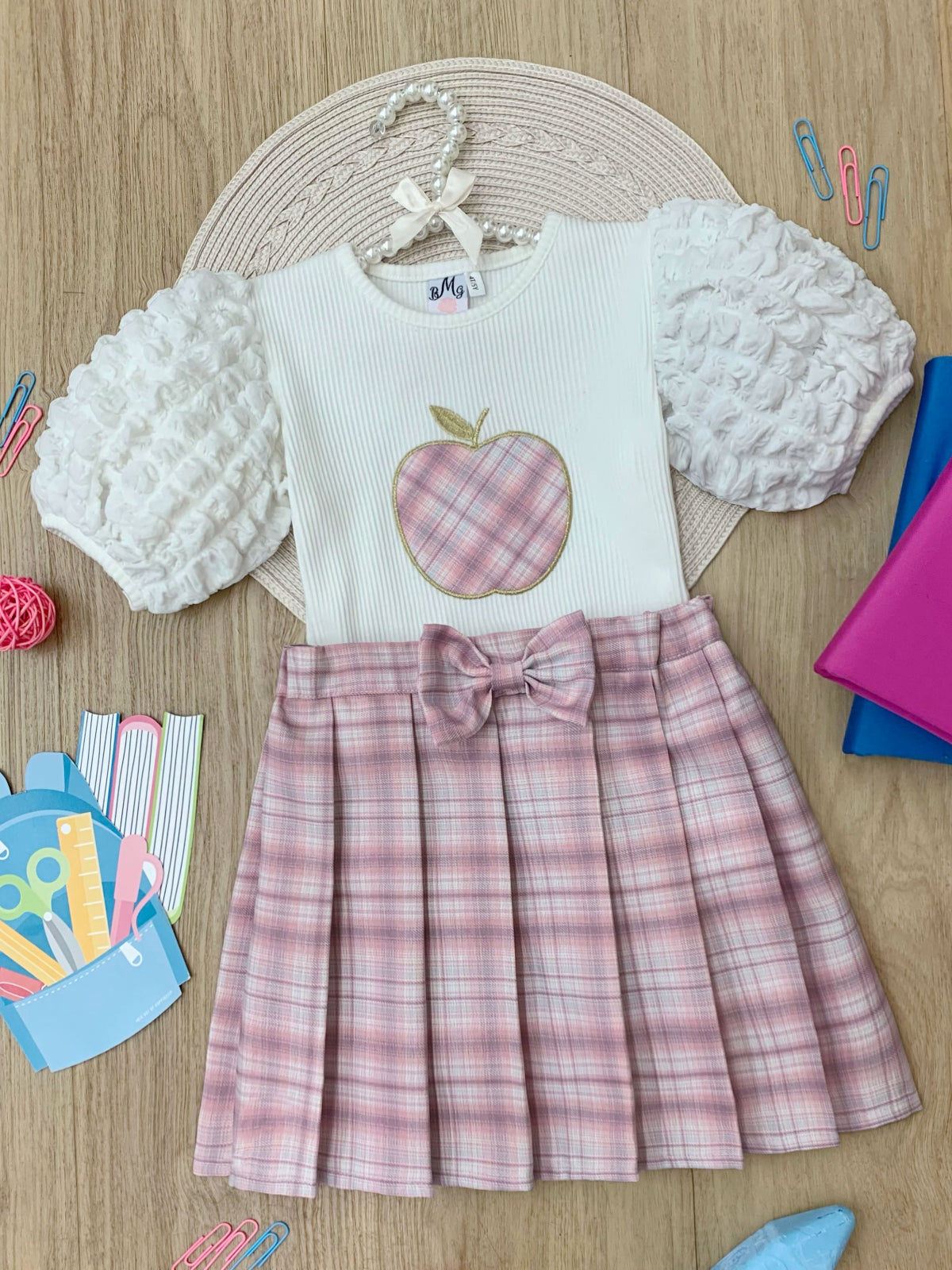 Smarty Apple Puff Sleeve Top & Pleated Plaid Skirt Set – Mia Belle Girls