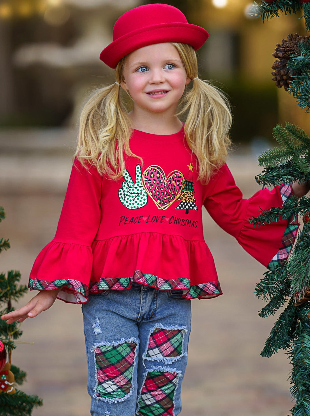 Girls Winter Casual Sets | Peace, Love, Christmas Patched Jean Set ...