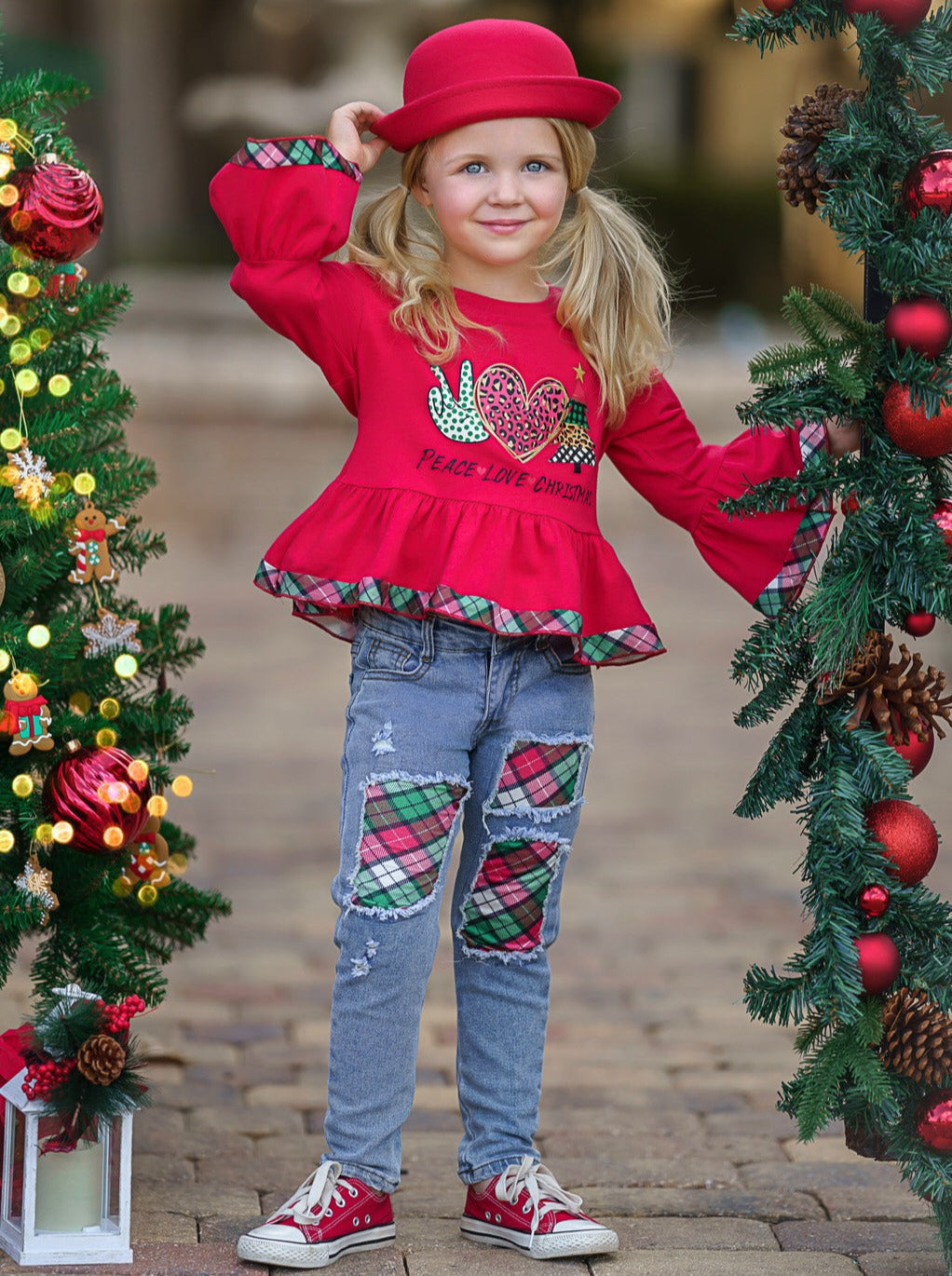Girls Winter Casual Sets | Peace, Love, Christmas Patched Jean Set ...