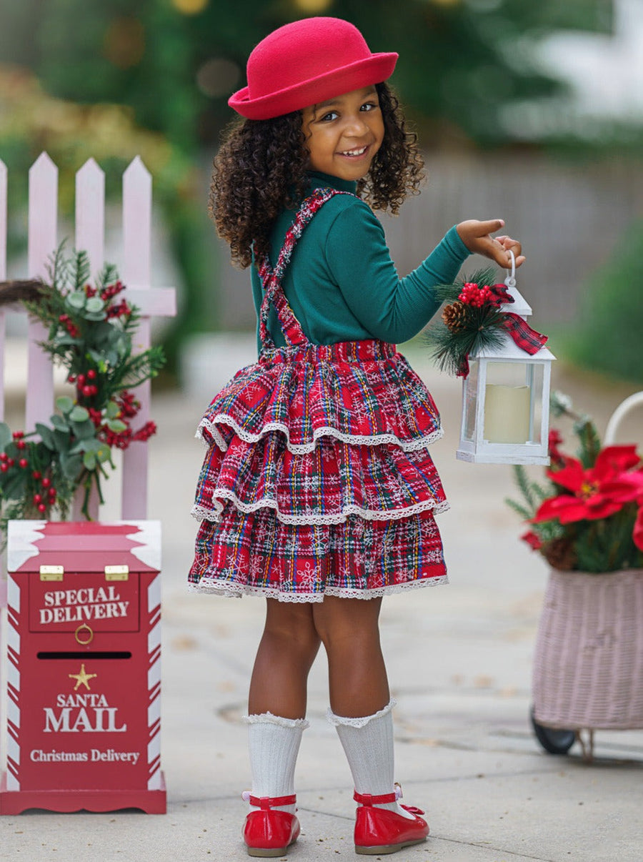 Jingle Belle Chic Turtleneck Top and Plaid Overall Dress – Mia Belle Girls