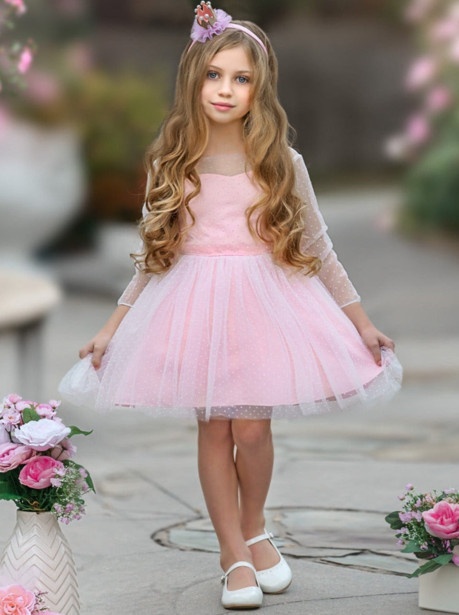 Kids Spring Clothes | Girls Sheer Sleeve Polka Dot Tulle Formal Dress ...