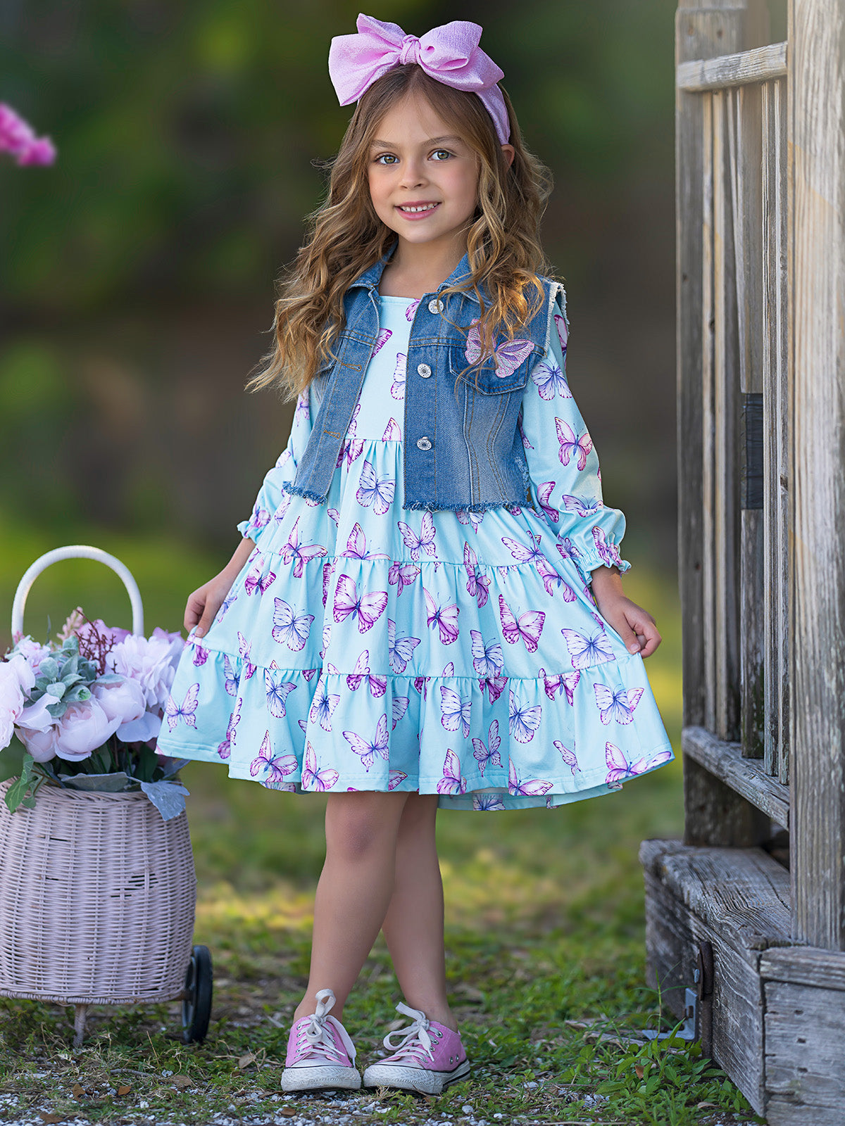 Mia Belle Girls Denim Vest And Butterfly Dress Set | Girls Spring Sets