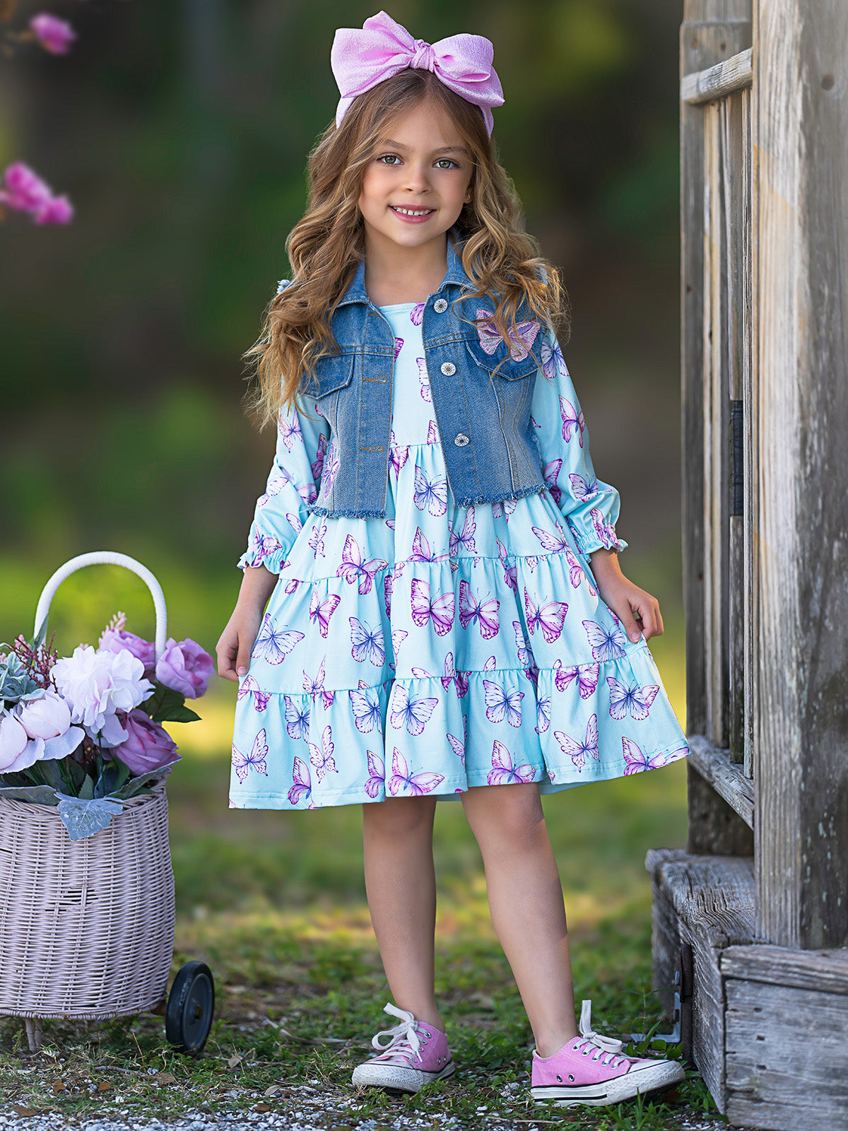 Mia Belle Girls Denim Vest And Butterfly Dress Set | Girls Spring Sets