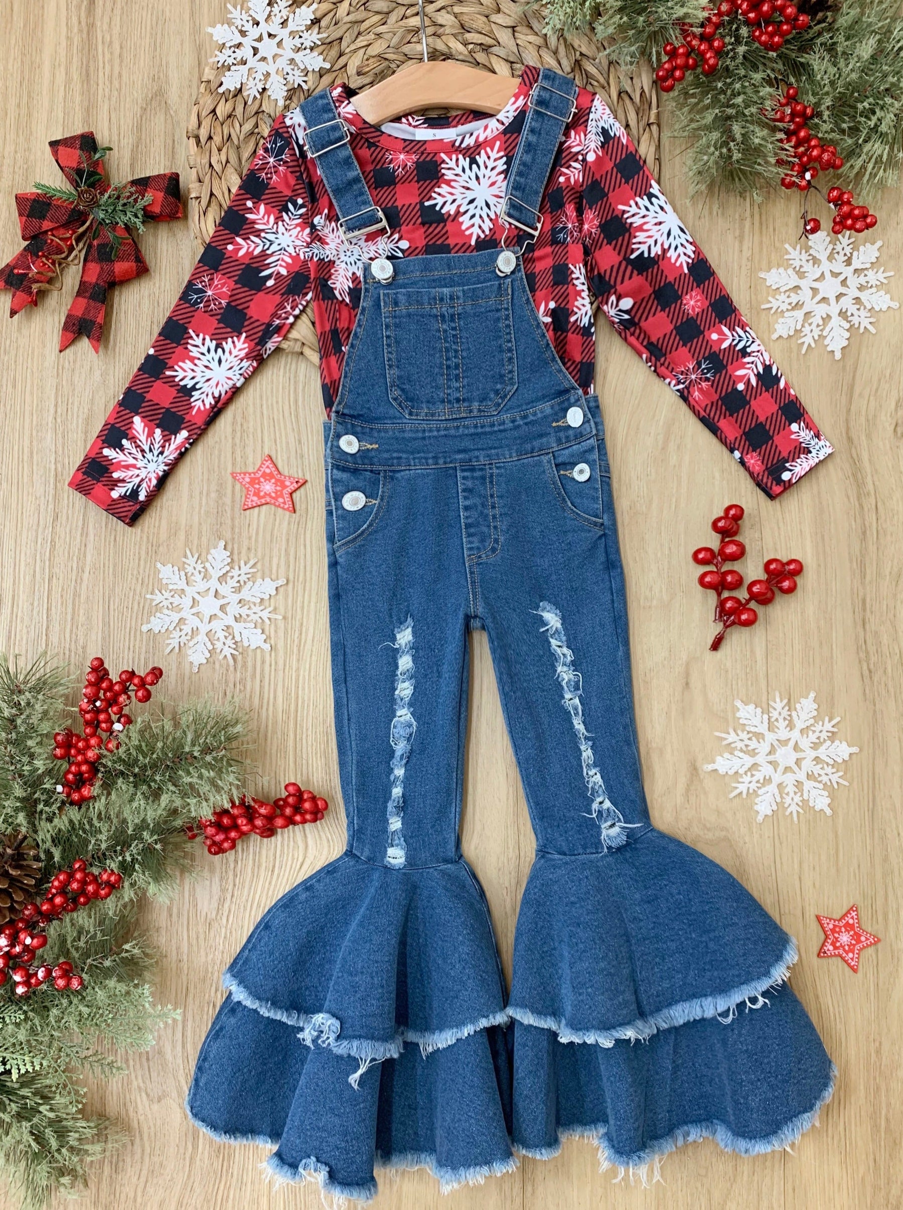 Cute Winter Denim Sets | Snowflake Plaid Flared Denim Overall Set – Mia ...