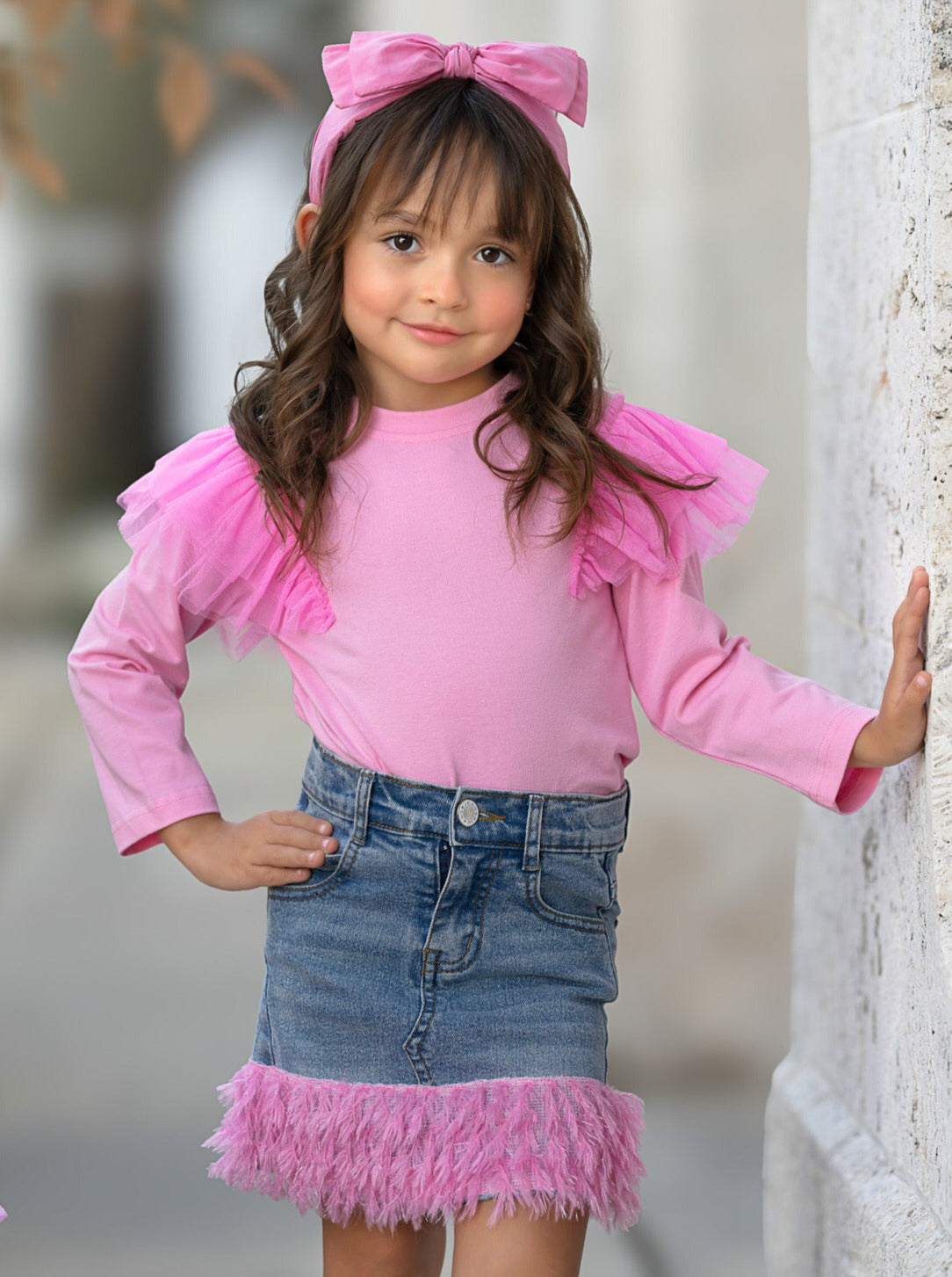 Pink Ruffle Top and Feather Trim Denim Skirt Set – Mia Belle Girls