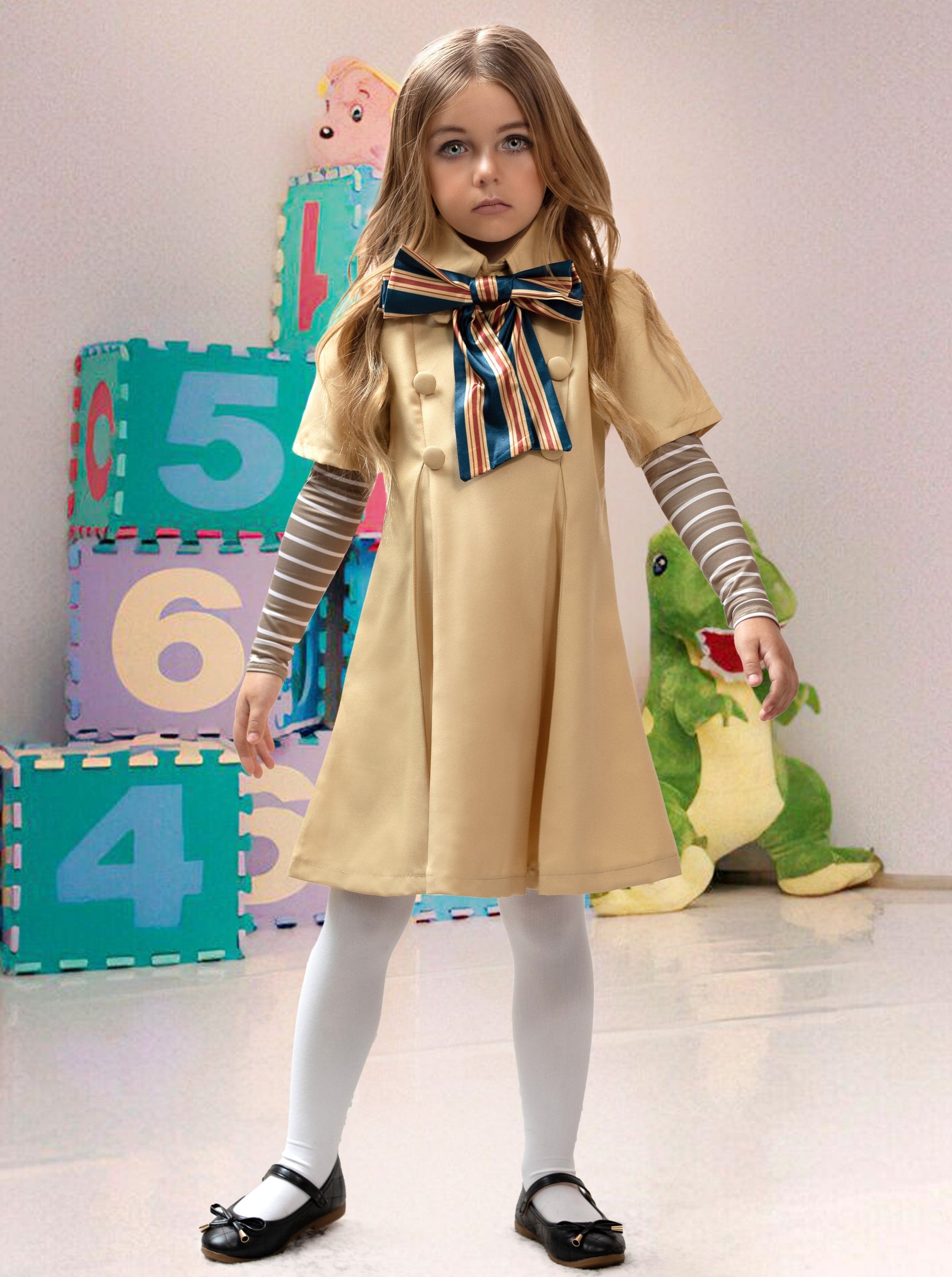 Girls Halloween Costumes | M3GAN Beige Pleated Trench Dress Costume ...