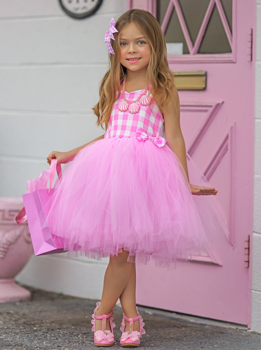 Girls All Dolled Up Gingham Barbiecore Tutu Costume Dress with Bow ...