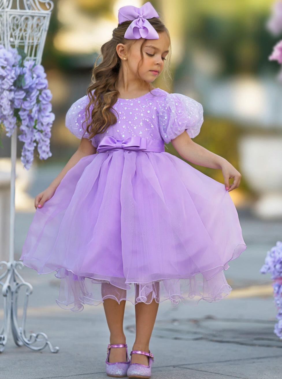Girls Formal Dresses | Sequin Puff Sleeve Mid Length Formal Dress – Mia ...