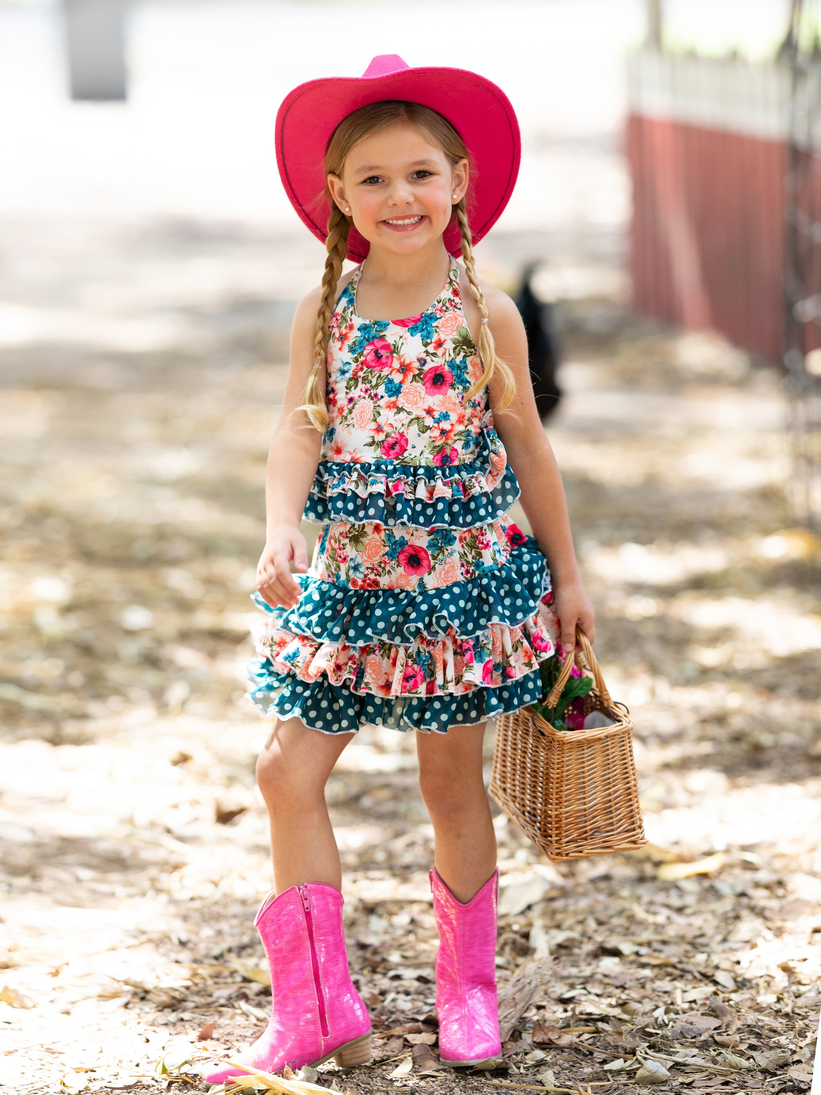 Cute Spring Dresses | Girls Floral Polka Dot Ruffled Halter Skirt Set ...