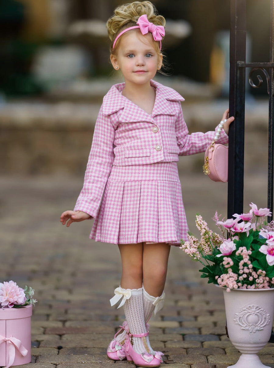 Preppy Chic Sets | Tweed Blazer & Pleated Skirt Set | Mia Belle Girls