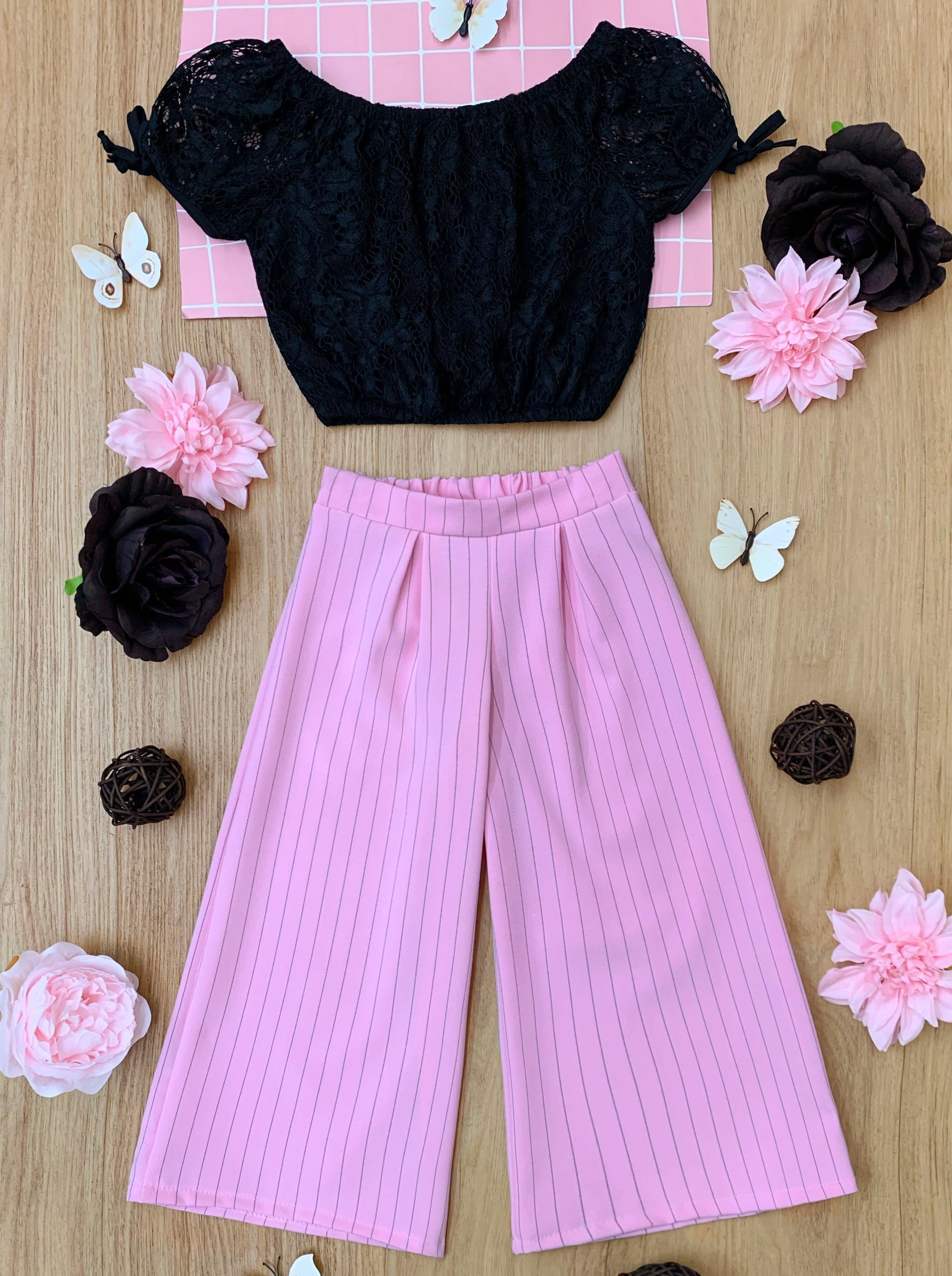 Mia Belle Girls Pinstripe Palazzo Pants Set | Girls Spring Outfits