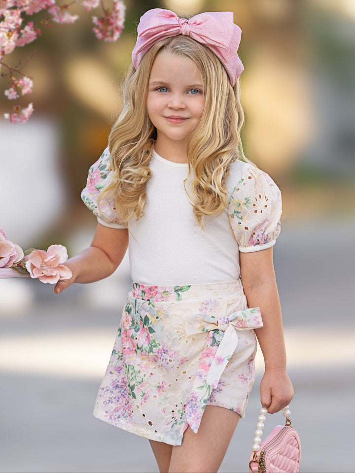 Ivory Floral Puff Sleeve Top and Eyelet Wrap Skort Set – Mia Belle Girls