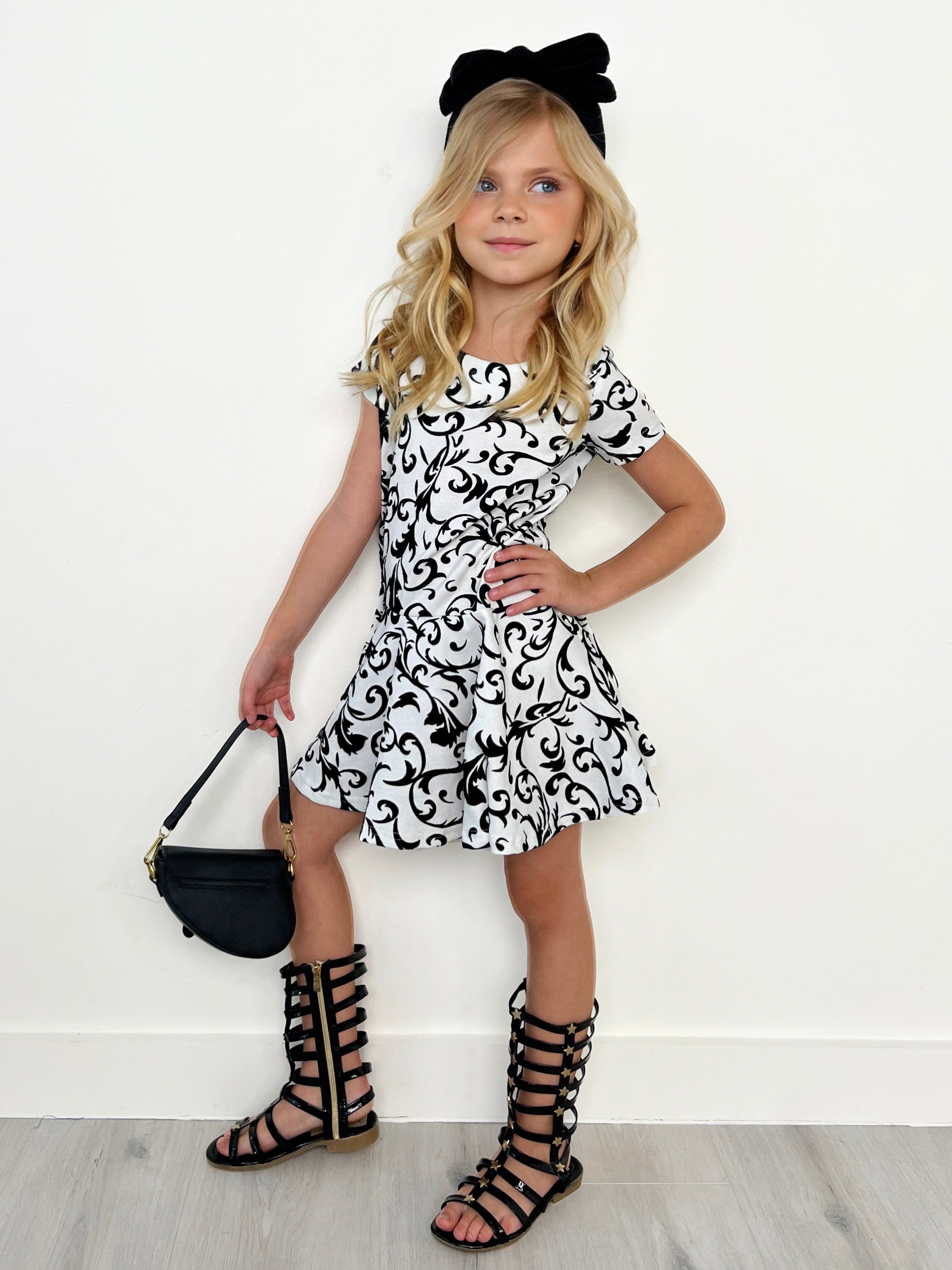 Kids Couture x Mia Belle Girls White Black Velvet Brocade Vine Dress