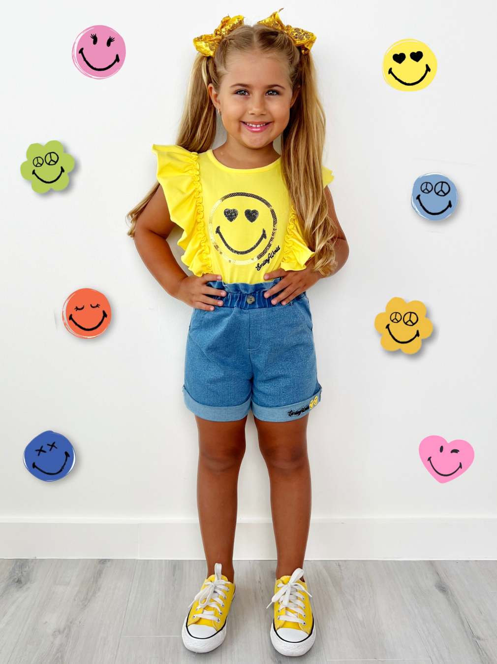 SmileyWorld® Flutter Sleeve Top And Denim Shorts Set | Mia Belle Girls